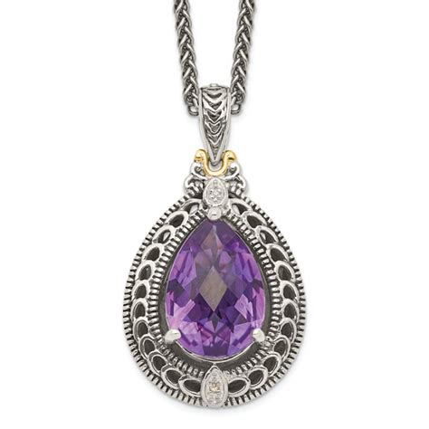 Sterling Silver Antiqued With 14k Accent Diamond And Amethyst Necklace