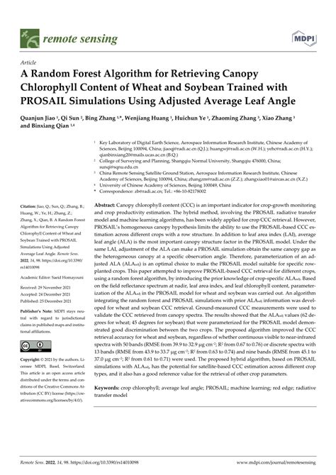 Pdf A Random Forest Algorithm For Retrieving Canopy Chlorophyll
