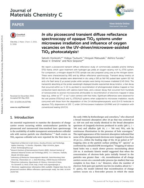 PDF In Situ Picosecond Transient Diffuse Reflectance Spectroscopy Of Opaque TiO2 Systems Under