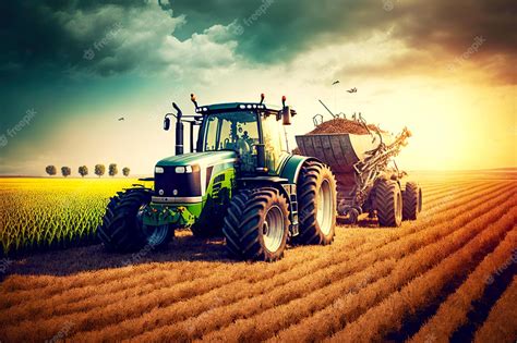 Premium Photo Farmer And Agricultural Tractor In Field With Rich Harvest