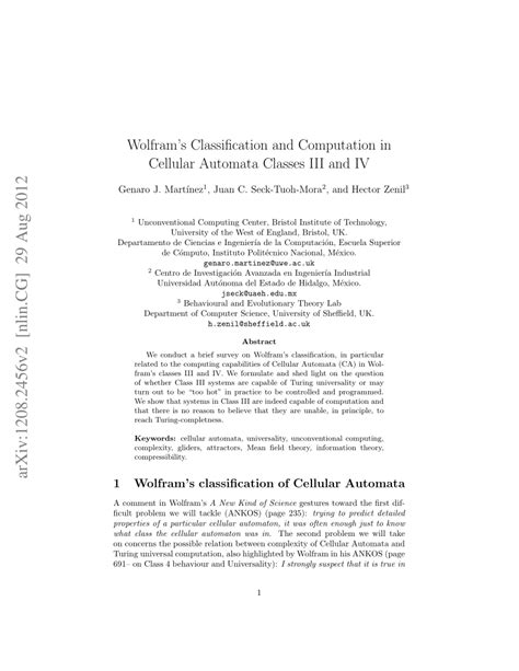 Pdf Wolframs Classification And Computation In Cellular Automata