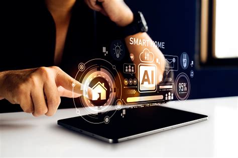 스마트 홈 시스템과 인공 지능 개념 홀로그램 디지털 챗봇 애플리케이션 대화 도우미 가상 화면의 디지털 챗봇 미래 지향적인 기술 혁신 홈오토메이션에 대한 스톡 사진 및 기타