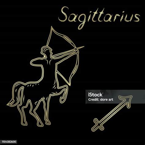 궁수자리 조디악 기호 벡터 일러스트 레이 션에 검정색 배경입니다 고립 된 별자리 기호의 황금 그림입니다 점성 학적 디자인 요소