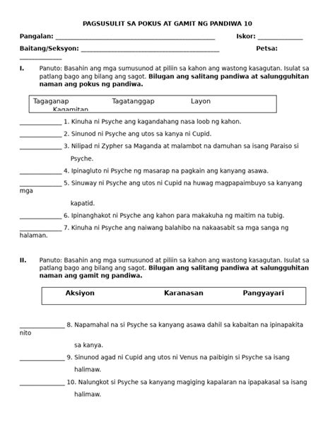 Pagsusulit Sa Pokus At Gamit Ng Pandiwa 10 Pdf