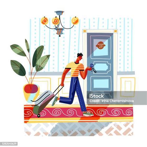 남자는 호텔에 열쇠와 함께 방에 입력 복도에 있는 문 앞에서 짐을 들고 서 있는 남자 해피 홀리데이 휴가 벡터 일러스트레이션