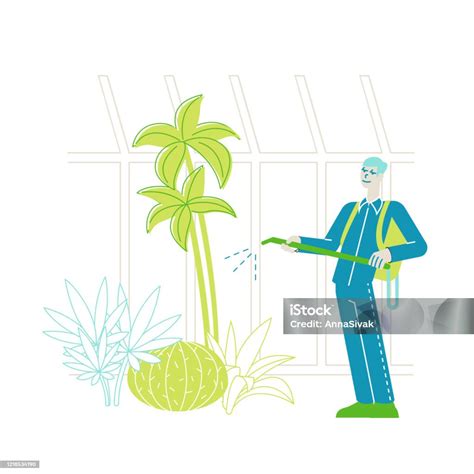 온실에서 비료를 살포 노동자 또는 정원사 문자 정원 과수원에서 식물의 성장 심기 및 돌보는 남성 캐릭터 농업 산업 취미 선형 벡터 일러스트레이션 꽃 식물에 대한 스톡 벡터