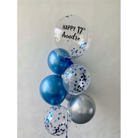 Kit Arranjo Azul Com Prata Com Bubble De 24 Polegadas E 6 Balões E Confete Temos Outras Cores