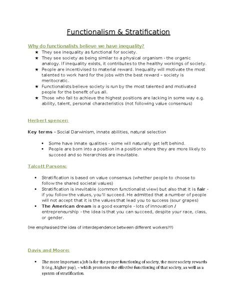 Stratifiation And Functionalism Notes Functionalism And Stratification Why Do Functionalists