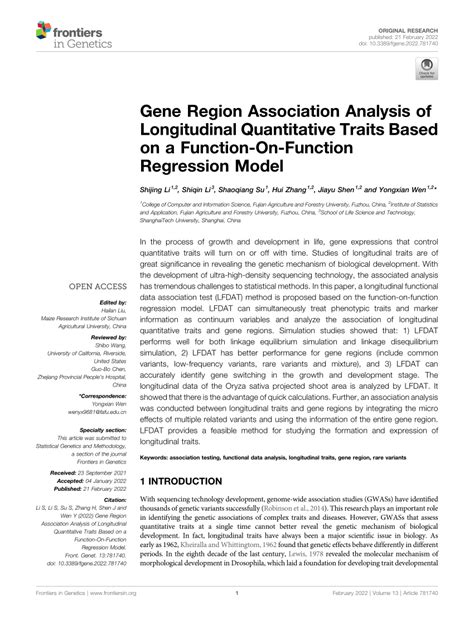 Pdf Gene Region Association Analysis Of Longitudinal Quantitative Traits Based On A Function
