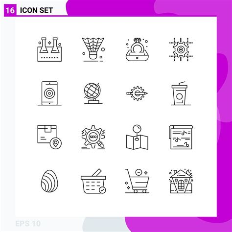mobile interface outline set of 16 pictograms of line gear shuttlecock