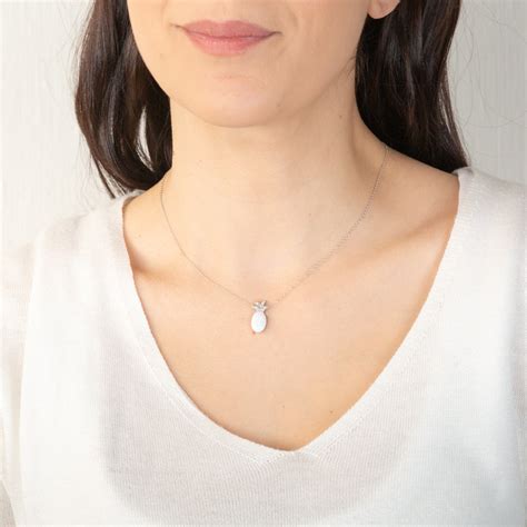 Sterling Silver Rhodium Plated Created White Opal Pendant With 45cm Ch