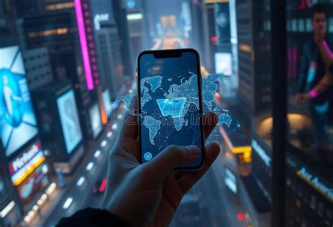 Futuristic Augmented Reality Interface On Smartphone In A Cyberpunk City Stock Illustration