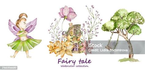 수채화 요소 세트 귀여운 재미 있는 요정 소녀 동화 꽃집 꽃 나무 스윙 어린이 동화 그림입니다 어린이 방 디자인 포스터 엽서