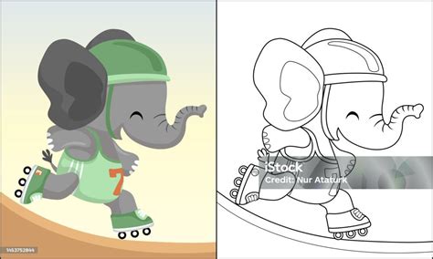 롤러 스케이트 색칠하기 책 또는 페이지를 연주하는 재미 있는 코끼리 만화 경쟁에 대한 스톡 벡터 아트 및 기타 이미지 경쟁 귀여운 그리기 Istock