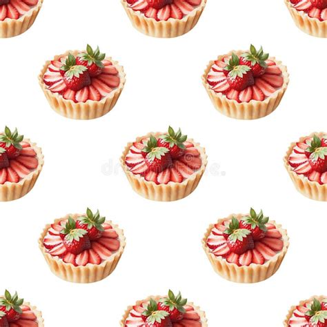 Watercolor Repeating Pattern Of Strawberry Tartlets With Creamy Filling And Delicate Crust
