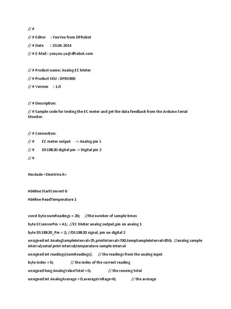 Analog Ec Meter Sample Code For Testing An Ec Meter And Obtaining Feedback From An Arduino