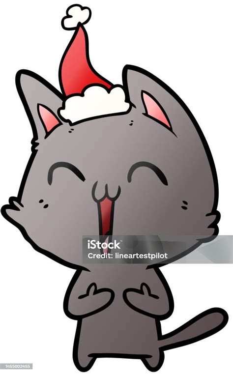 산타 모자를 쓴 고양이의 행복한 손으로 그린 그라데이션 만화 고양이 울음소리에 대한 스톡 벡터 아트 및 기타 이미지 고양이 울음소리 귀여운 그라데이션 Istock
