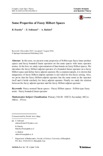 Pdf Some Properties Of Fuzzy Hilbert Spaces Asghar Rahimi