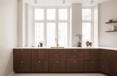 Frame Dark Oak Kitchen Cabinets With Brass Knobs Reform