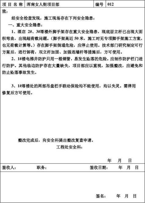 建设工程施工现场安全隐患整改通知单 范文118