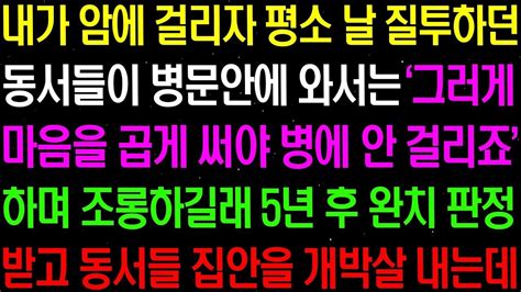 실화사연 내가 암에 걸리자 평소 날 질투하던 동서들이 병문안 와서 그러게 마음을 곱게 써야 병에 안 걸리죠 하며 조롱을 하는데 라디오사연 썰사연 사이다사연 감동사연