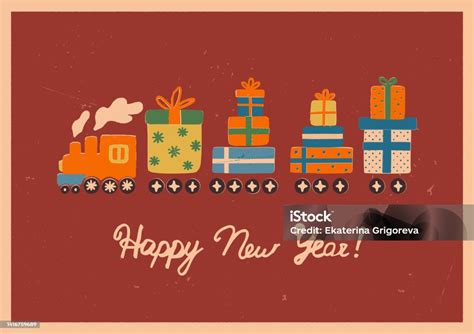 귀여운 복고풍 기관차 엔진인 증기 기관차는 선물 활과 리본이 달린 선물 상자를 제공합니다 크리스마스 빈티지 스타일의 새해 복