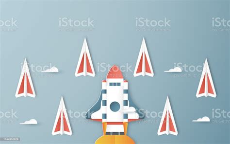 종이 절단 공예 및 종이 접기 스타일에서 시작 개념 벡터 일러스트 레이 션 로켓은 파란 하늘을 날고 있다 웹 배너 포스터 표지 광고에 대 한 템플릿 디자인입니다 아이 들을