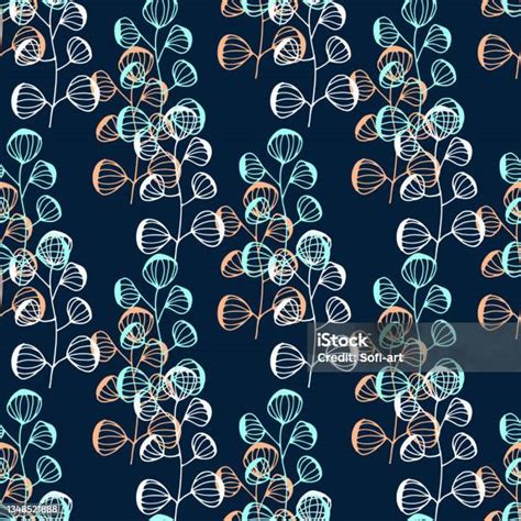 손으로 그린 식물 매끄러운 패턴 진한 파란색 배경에 간단한 그리기 벡터 일러스트레이션 직물 옷 커버에 인쇄 0명에 대한 스톡 벡터 아트 및 기타 이미지 Istock