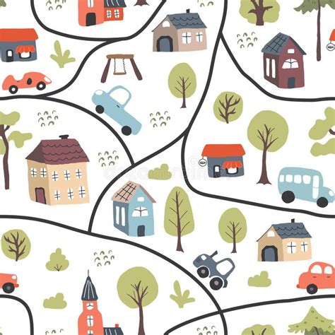 Cute City Map Seamless Pattern Cartoon Town Landscape Background