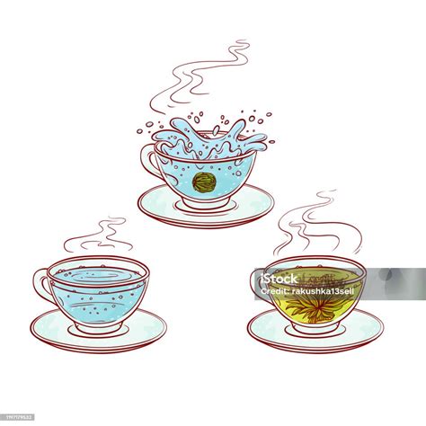 차 허브 꽃 양조 과정은 잎과 투명 컵 뜨거운 음료에 확인합니다 벡터 스케치 선 손으로 그린 그림입니다 개화에 대한 스톡 벡터