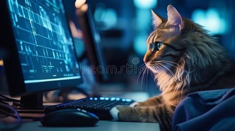 A Programmer Cat Sitting At A Computer With A Mouse In His Paws Stock Illustration