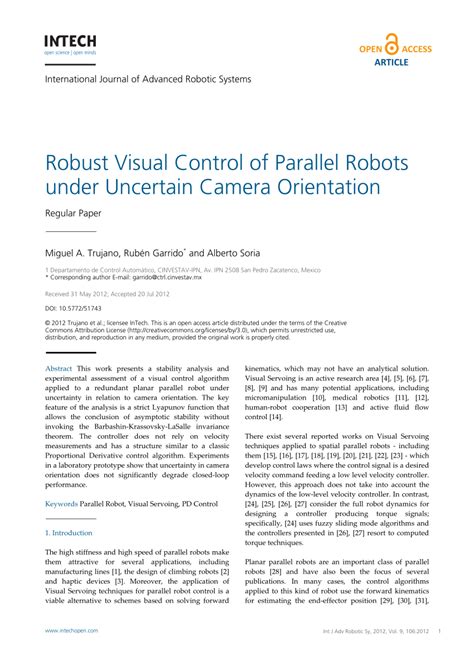 Pdf Robust Visual Control Of Parallel Robots Under Uncertain Camera