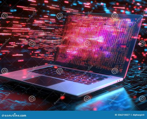 laptop showing programming code in futuristic cyberspace tunnel stock