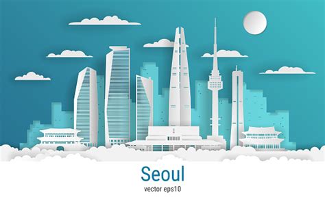 종이 컷 스타일 서울 백색 색깔 종이 벡터 스톡 일러스트 모든 유명한 건물과 도시 스카이라인 서울 시티 디자인 용 조성 물 스카이라인에 대한 스톡 벡터 아트 및 기타 이미지
