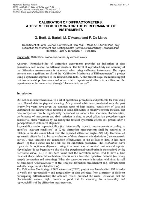 Calibration Of Diffractometers A Test Method To Monitor The Performance Of Instruments
