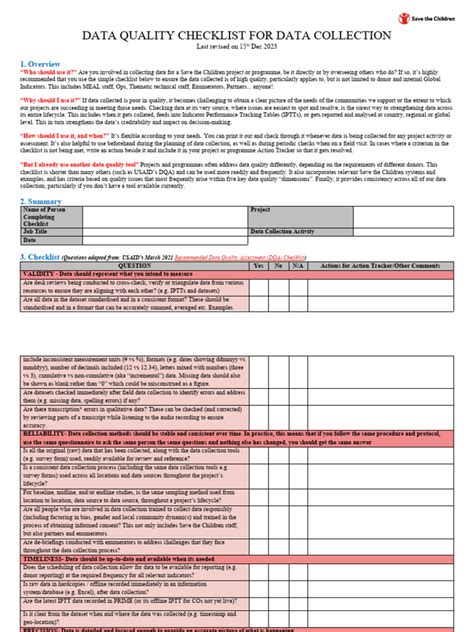 Data Quality Checklist For Data Collection English Dec 2023 V1 Download Free Pdf Survey