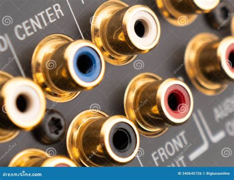 RCA Sockets Of Audio Surround Receiver Amplifier Macro Shot Output Audio Connectors Stock Photo