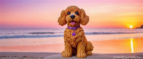 Golden Cockerpoo On Beach At Sunset Stable Diffusion Online