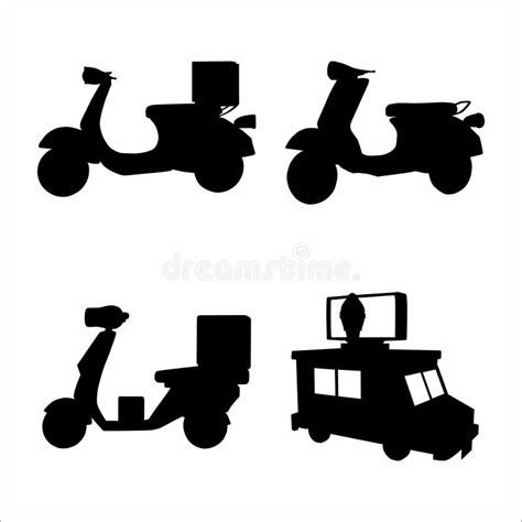 Collection Of Silhouettes Of Motorized Vehicles Vespas And Cars Selling Ice Cream On A White