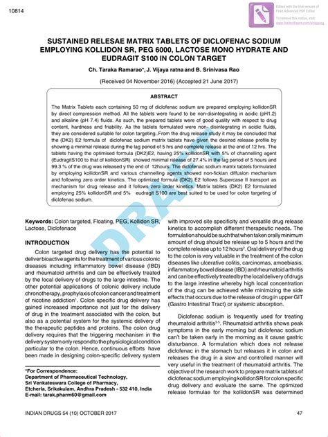 Pdf Sustained Release Matrix Tablets Of Diclofenac Sodium Employing Kollidon Sr Peg 6000
