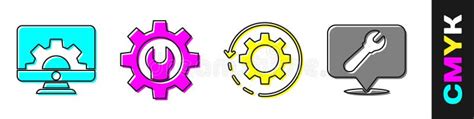 Set Computer Monitor And Gear Wrench Spanner And Gear Gear And Arrows