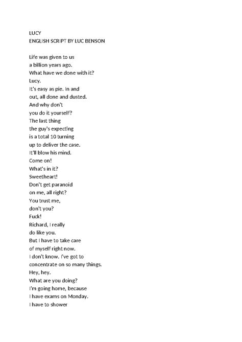 Lucy English Script Guion De Lucy Para Subtitulacion Lucy English Script By Luc Benson Life