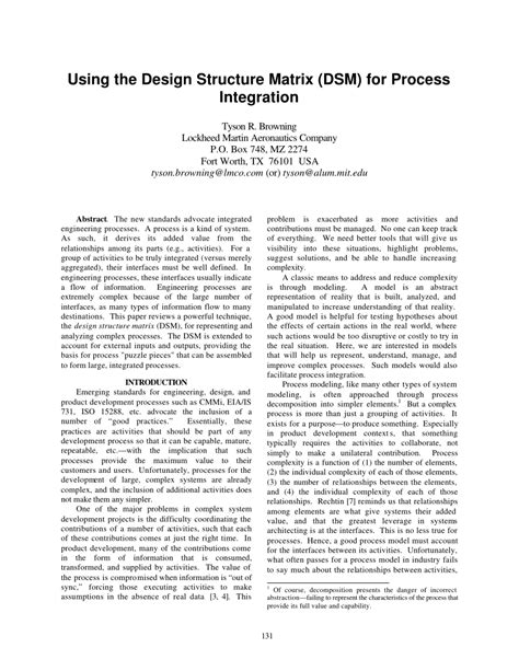 Pdf Using The Design Structure Matrix Dsm For Process Integration