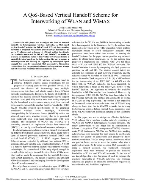 Pdf A Qos Based Vertical Handoff Scheme For Interworking Of Wlan And Wimax