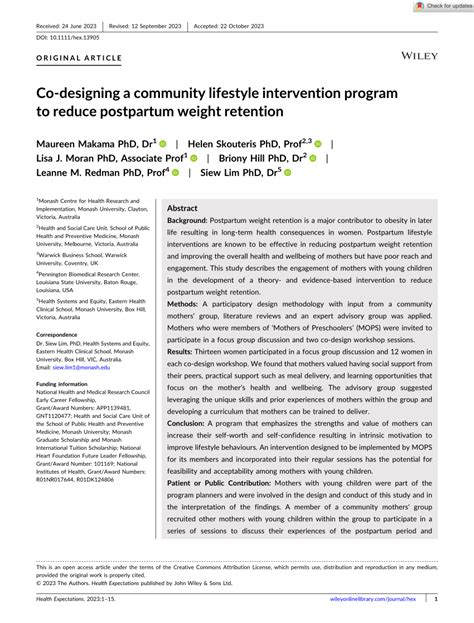 Pdf Co‐designing A Community Lifestyle Intervention Program To Reduce