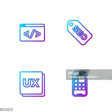 라인 모바일 앱 Ui 또는 Ux 디자인 프런트 엔드 개발 및 Seo 최적화를 설정합니다 그라데이션 색상 아이콘 벡터 개념에 대한