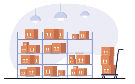 랙이 있는 창고 재고 물류 창고에 있는 상품 재고 프리미엄 벡터