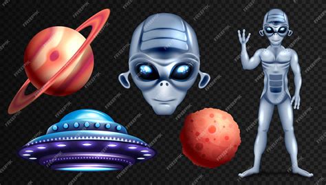 투명 한 배경 현실적인 고립 된 벡터 일러스트 레이 션에 설정 외계인 Ufo 프리미엄 벡터