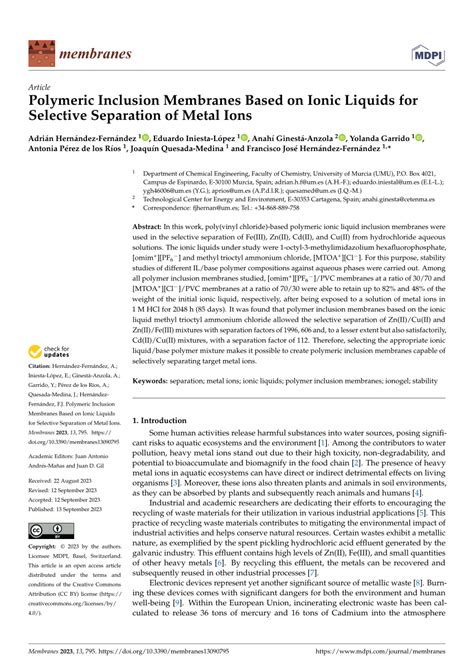 Pdf Polymeric Inclusion Membranes Based On Ionic Liquids For Selective Separation Of Metal Ions