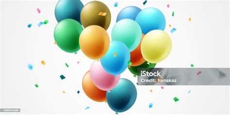 화려한 풍선이 날아 다니는 배경을 축하 일러스트 레이 션vector3d 3차원 형태에 대한 스톡 벡터 아트 및 기타 이미지 3차원 형태 공휴일 금색 Istock
